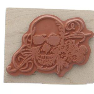 Inkadinkado Halloween Skull Skeleton with Flowers Wooden Rubber Stamp