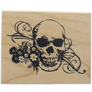 Inkadinkado Halloween Skull Skeleton with Flowers Wooden Rubber Stamp