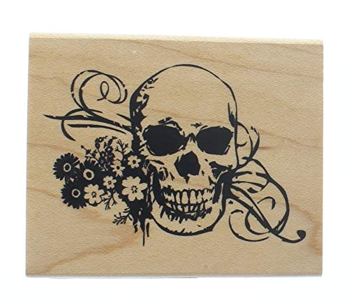 Inkadinkado Halloween Skull Skeleton with Flowers Wooden Rubber Stamp