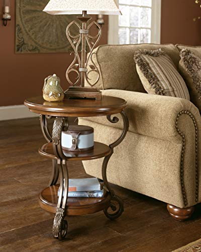 Signature Design by Ashley Nestor Traditional Hand-Finished Chairside End Table with 2 Fixed Shelves, Dark Brown