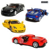 set of 4: 5" porsche carrera gt 1:36 scale (black/blue/red/yellow) by kinsmart