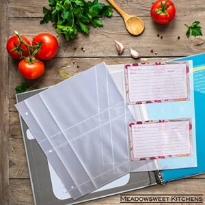 Recipe Card Protector Pages, 15 4" x 6" Clear Plastic Protectors Pages w/ 3 Punched Holes for Recipe Binder, Recipe Sleeves for 3-Ring Binders by Meadowsweet Kitchens