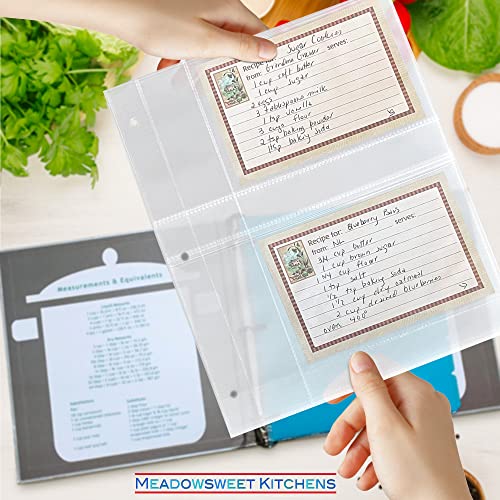 Recipe Card Protector Pages, 15 4" x 6" Clear Plastic Protectors Pages w/ 3 Punched Holes for Recipe Binder, Recipe Sleeves for 3-Ring Binders by Meadowsweet Kitchens