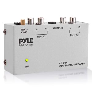 pyle phono turntable preamp - mini electronic audio stereo phonograph preamplifier with rca input, rca output & low noise operation powered by 12 volt dc adapter (pp444),gray