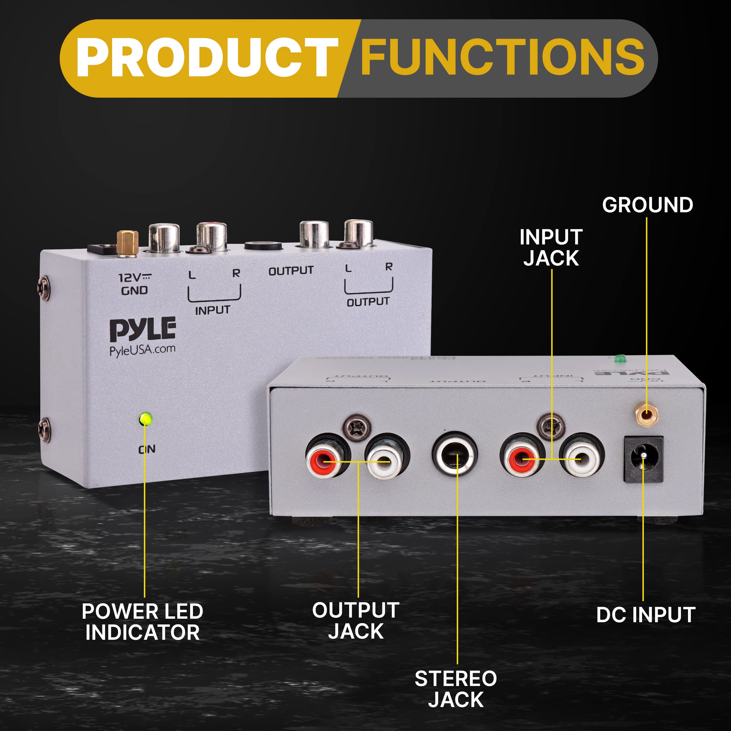 Pyle Phono Turntable Preamp - Mini Electronic Audio Stereo Phonograph Preamplifier with RCA Input, RCA Output & Low Noise Operation Powered by 12 Volt DC Adapter (PP444),Gray