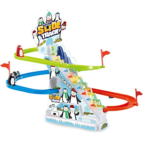 Liberty Imports Musical Penguin Orbit Chasing Race Track Game Set - Playful Roller Coaster Playset with LED Flashing Lights and Music On/Off Button for Toddlers and Kids