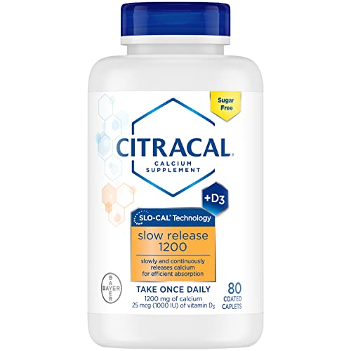 Citracal Slow Release 1200, 1200 mg Calcium Citrate and Calcium Carbonate Blend with 1000 IU Vitamin D3, Bone Health Supplement for Adults, Once Daily Caplets, 80 Count