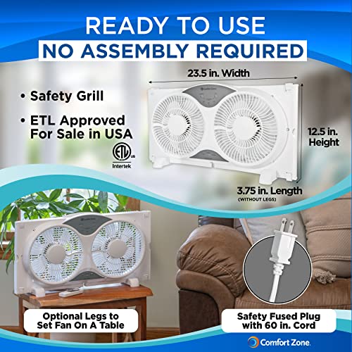 Comfort Zone CZ310R 9" 3-Speed, 3-Function, Expandable, Reversible Twin Window Fan with Remote Control, Removable Cover