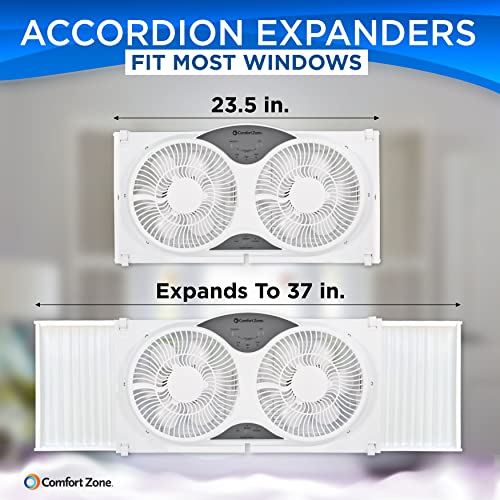 Comfort Zone CZ310R 9" 3-Speed, 3-Function, Expandable, Reversible Twin Window Fan with Remote Control, Removable Cover