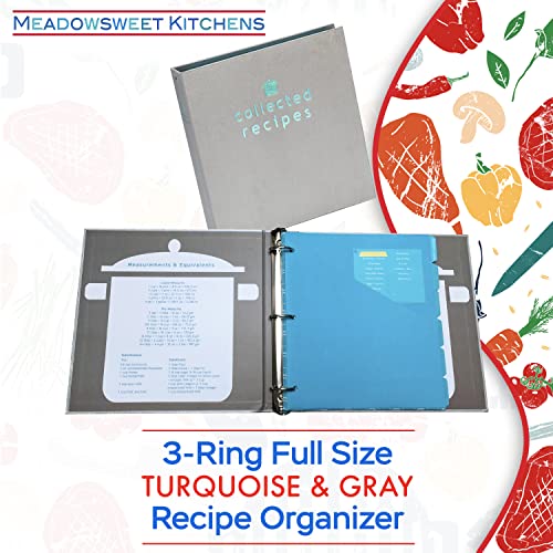 Meadowsweet Kitchens Recipe Binder with Dividers and Labels - Recipe Book Binder, for Recipe Cards, Full Size Recipes/Clippings, Recipe Organizer Book, Make Your Own Cookbook - Turquoise & Gray