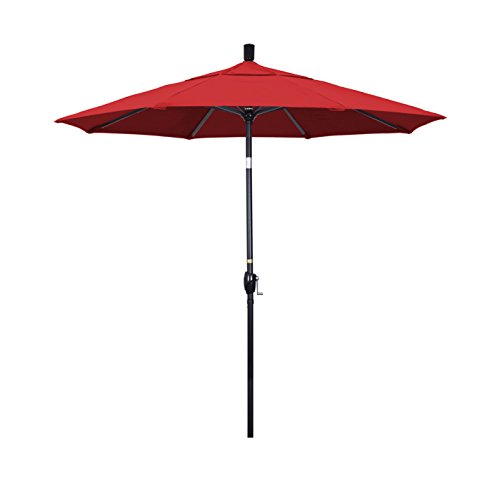 California Umbrella 7.5' Round Aluminum Market Umbrella, Crank Lift, Push Button Tilt, Black Pole, Sunbrella Jockey Red