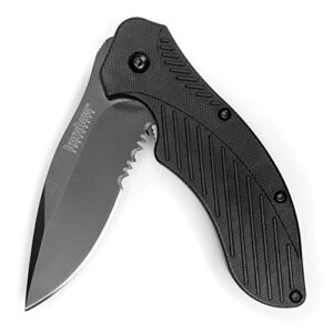 kershaw clash black serrated pocketknife, 3" 8cr13mov steel drop point blade, assisted one-handed flipper opening, folding utility edc