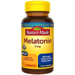 nature made melatonin 5mg tablets, 100% drug free sleep aid for adults, 90 tablets, 90 day supply