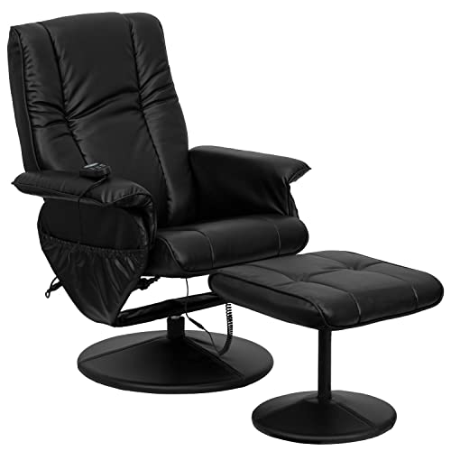 Flash Furniture Hall Massaging Heat Controlled Adjustable Recliner and Ottoman with Wrapped Base in Black LeatherSoft