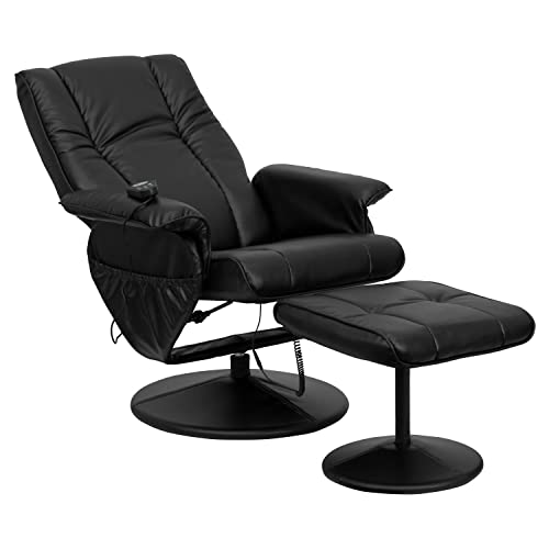 Flash Furniture Hall Massaging Heat Controlled Adjustable Recliner and Ottoman with Wrapped Base in Black LeatherSoft