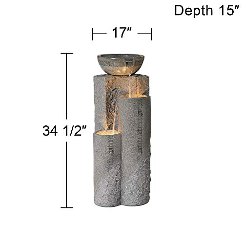 Bowl and Pillar Zen Modern Outdoor Floor Water Fountain 34 1/2" High with LED Light Cascading for Garden Patio Backyard Deck Home Lawn Porch House Relaxation Exterior Balcony - John Timberland