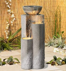 bowl and pillar zen modern outdoor floor water fountain 34 1/2" high with led light cascading for garden patio backyard deck home lawn porch house relaxation exterior balcony - john timberland