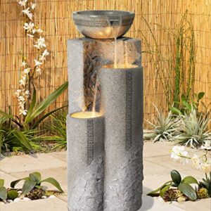 Bowl and Pillar Zen Modern Outdoor Floor Water Fountain 34 1/2" High with LED Light Cascading for Garden Patio Backyard Deck Home Lawn Porch House Relaxation Exterior Balcony - John Timberland