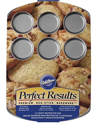 Wilton Perfect Results Premium Non-Stick Bakeware Muffin Top Pan - The Shallow Baking Cups Make Perfect Muffin Tops, Drop Cookies or Whoopie Pie Shells, 12-Cavity, Steel