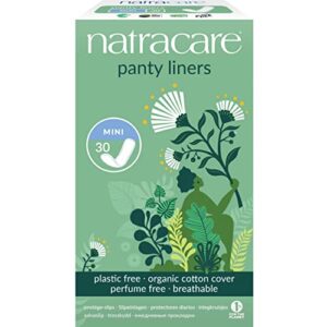 natracare natural organic mini panty liners, made with certified organic cotton, ecologically certified cellulose pulp and plant starch (1 pack, 30 liners total)