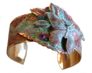 elaine coyne collectible artwear butterfly on leaf cuff bracelet - verdigris patina brass - usa made