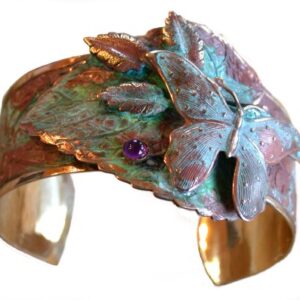 Elaine Coyne Collectible Artwear Butterfly on Leaf Cuff Bracelet - Verdigris Patina Brass - USA Made