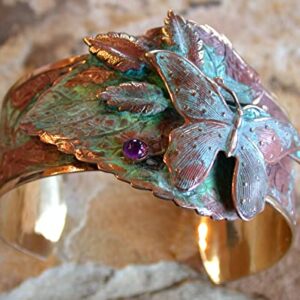 Elaine Coyne Collectible Artwear Butterfly on Leaf Cuff Bracelet - Verdigris Patina Brass - USA Made