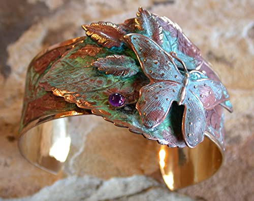 Elaine Coyne Collectible Artwear Butterfly on Leaf Cuff Bracelet - Verdigris Patina Brass - USA Made