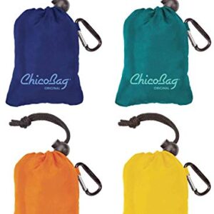 ChicoBag Original Compact Reusable Grocery Bag w/Attached Pouch and Carabiner Clip | Eco-Conscious Packable Tote | Variety 4pk - Mazarine, Aqua, Orange Peel, & Yellow (Pack of 4)