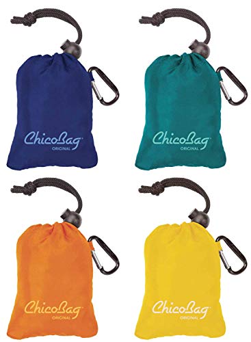 ChicoBag Original Compact Reusable Grocery Bag w/Attached Pouch and Carabiner Clip | Eco-Conscious Packable Tote | Variety 4pk - Mazarine, Aqua, Orange Peel, & Yellow (Pack of 4)