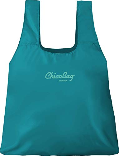 ChicoBag Original Compact Reusable Grocery Bag w/Attached Pouch and Carabiner Clip | Eco-Conscious Packable Tote | Variety 4pk - Mazarine, Aqua, Orange Peel, & Yellow (Pack of 4)