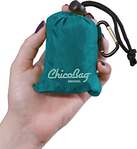 ChicoBag Original Compact Reusable Grocery Bag w/Attached Pouch and Carabiner Clip | Eco-Conscious Packable Tote | Variety 4pk - Mazarine, Aqua, Orange Peel, & Yellow (Pack of 4)