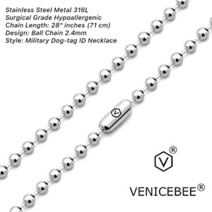 VENICEBEE Best Stainless Steel Ball Chain Medical Grade 316L Surgical Metal Long Dog-Tag ID Military Necklace 28" INCHES 2.4MM Wide Resizable Standard Chain 28 inch + Pouch HYPOALLERGENIC LEAD-FREE