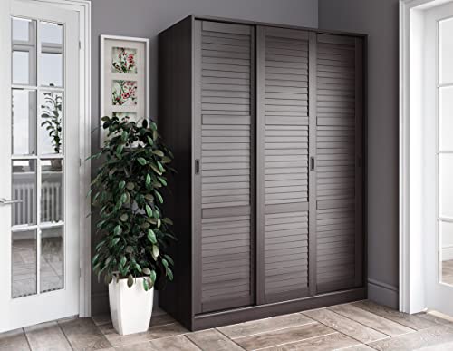 Palace Imports 100% Solid Wood Wardrobe/Armoire/Closet with 3 Sliding Louvered Doors, Java. 5 Shelves Included. Additional Large Shelves Sold Separately.