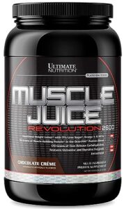 ultimate nutrition muscle juice revolution 2600 weight gainer, intestinal health, muscle recovery with glutamine, micellar casein and time release complex carbohydrates, chocolate powder, 4.69 pounds