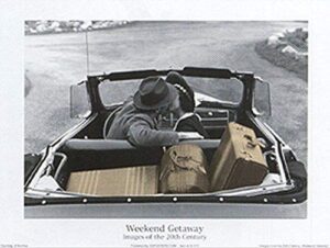 buyartforless weekend getaway, images of the 20th century 32x24 art print poster vintage black and white romantic couple love kissing in car