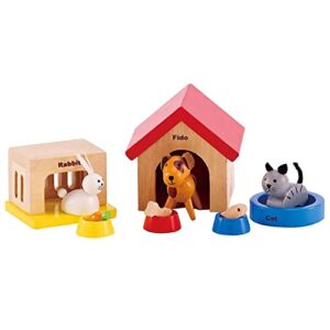 family pets wooden dollhouse animal set by hape | complete your wooden dolls house with happy dog, cat, bunny pet set with complimentary houses and food bowls