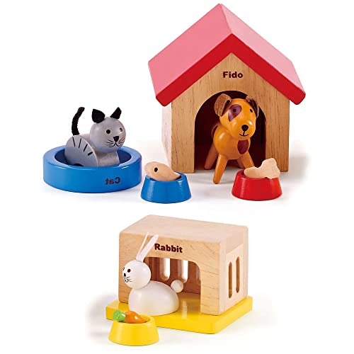 Family Pets Wooden Dollhouse Animal Set by Hape | Complete Your Wooden Dolls House with Happy Dog, Cat, Bunny Pet Set with Complimentary Houses and Food Bowls