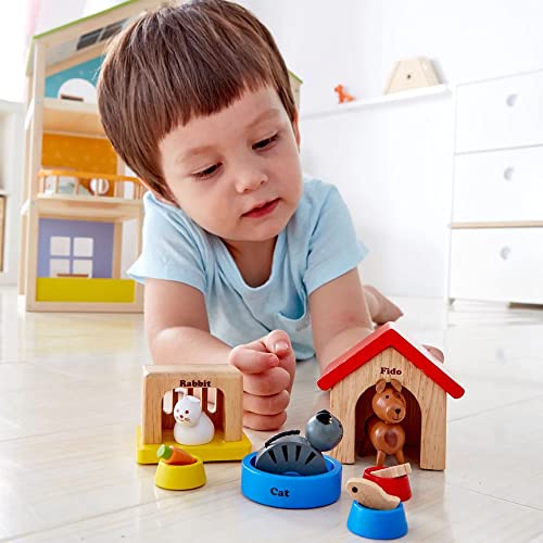 Family Pets Wooden Dollhouse Animal Set by Hape | Complete Your Wooden Dolls House with Happy Dog, Cat, Bunny Pet Set with Complimentary Houses and Food Bowls