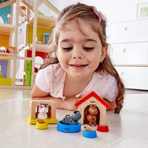 Family Pets Wooden Dollhouse Animal Set by Hape | Complete Your Wooden Dolls House with Happy Dog, Cat, Bunny Pet Set with Complimentary Houses and Food Bowls