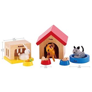 Family Pets Wooden Dollhouse Animal Set by Hape | Complete Your Wooden Dolls House with Happy Dog, Cat, Bunny Pet Set with Complimentary Houses and Food Bowls