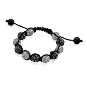 Bling Jewelry Black And White 10MM Pave Crystal Disco Ball Shamballa Inspired Bracelet For Women For Men Black Cord String Adjustable