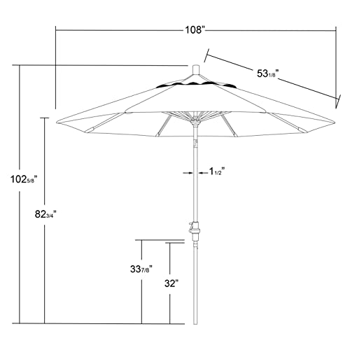 California Umbrella 9' Round Aluminum Market Umbrella, Crank Lift, Collar Tilt, White Pole, White Olefin