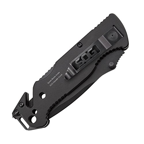 SOG Escape Tactical Folding Knife- 3.4 Inch Serrated Edge Blade Emergency Pocket Knife with Glass Breaker, Wire Stripper and Line Cutter Blades-Black (FF25-CP)