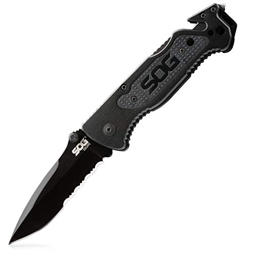 SOG Escape Tactical Folding Knife- 3.4 Inch Serrated Edge Blade Emergency Pocket Knife with Glass Breaker, Wire Stripper and Line Cutter Blades-Black (FF25-CP)