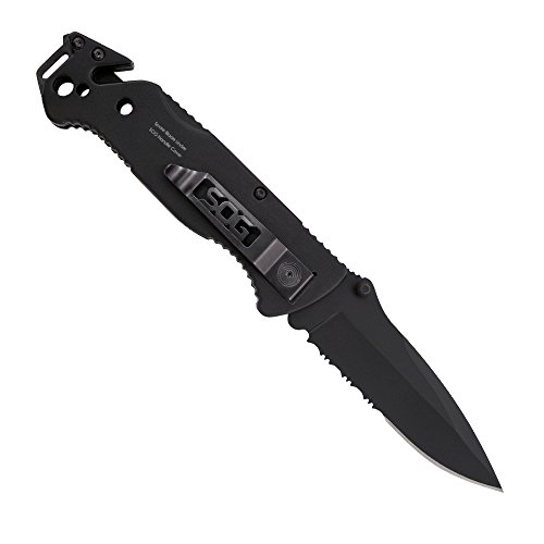 SOG Escape Tactical Folding Knife- 3.4 Inch Serrated Edge Blade Emergency Pocket Knife with Glass Breaker, Wire Stripper and Line Cutter Blades-Black (FF25-CP)