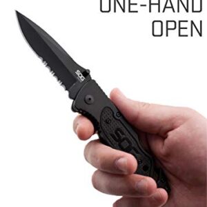 SOG Escape Tactical Folding Knife- 3.4 Inch Serrated Edge Blade Emergency Pocket Knife with Glass Breaker, Wire Stripper and Line Cutter Blades-Black (FF25-CP)