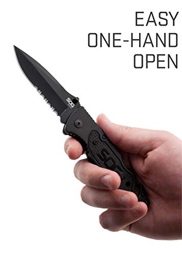 SOG Escape Tactical Folding Knife- 3.4 Inch Serrated Edge Blade Emergency Pocket Knife with Glass Breaker, Wire Stripper and Line Cutter Blades-Black (FF25-CP)