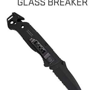 SOG Escape Tactical Folding Knife- 3.4 Inch Serrated Edge Blade Emergency Pocket Knife with Glass Breaker, Wire Stripper and Line Cutter Blades-Black (FF25-CP)