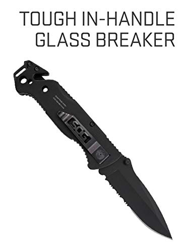 SOG Escape Tactical Folding Knife- 3.4 Inch Serrated Edge Blade Emergency Pocket Knife with Glass Breaker, Wire Stripper and Line Cutter Blades-Black (FF25-CP)